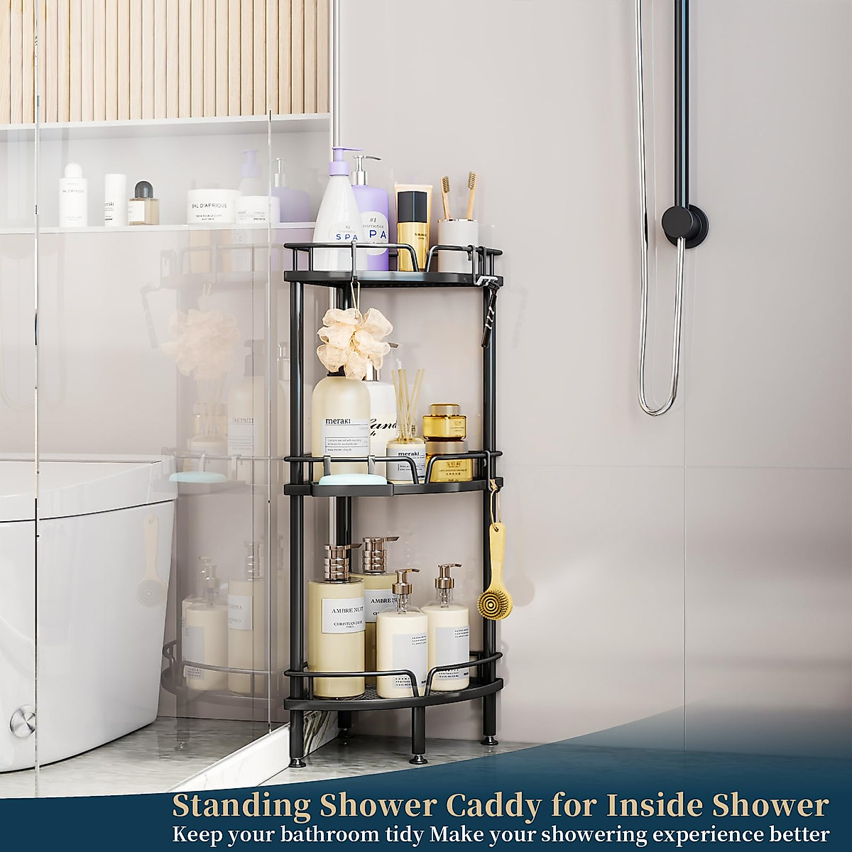 Consumest Corner Shower Caddy Stand - 3 Tier Shower Organizer with Soap Holder, Standing Tall Floor Shower Stand with Adjustable Feet & 4 Hooks, Shower Shelf Rack Storage for Bathroom Black