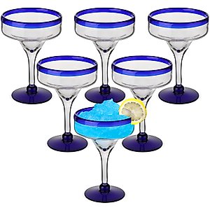 Margarita Glasses Set of 6 Hand Blown Glasses with Cobalt Blue Rim 14 oz Margarita Glasses for Cocktail Champagne Martini Glasses, Dishwasher Safe