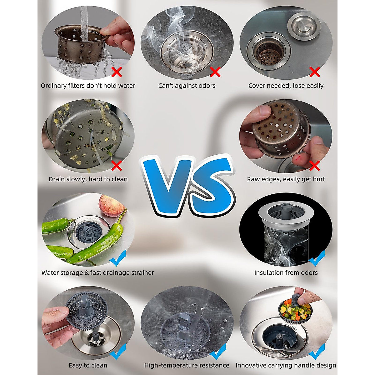 Hibbent 3 in 1 Kitchen Sink Drain Strainer and Stopper Combo, Chrome Stainless Steel Wraped Shell, Anti-Clogging Basket Strainer with Foldable Handle for US Standard 3-1/2" Drain