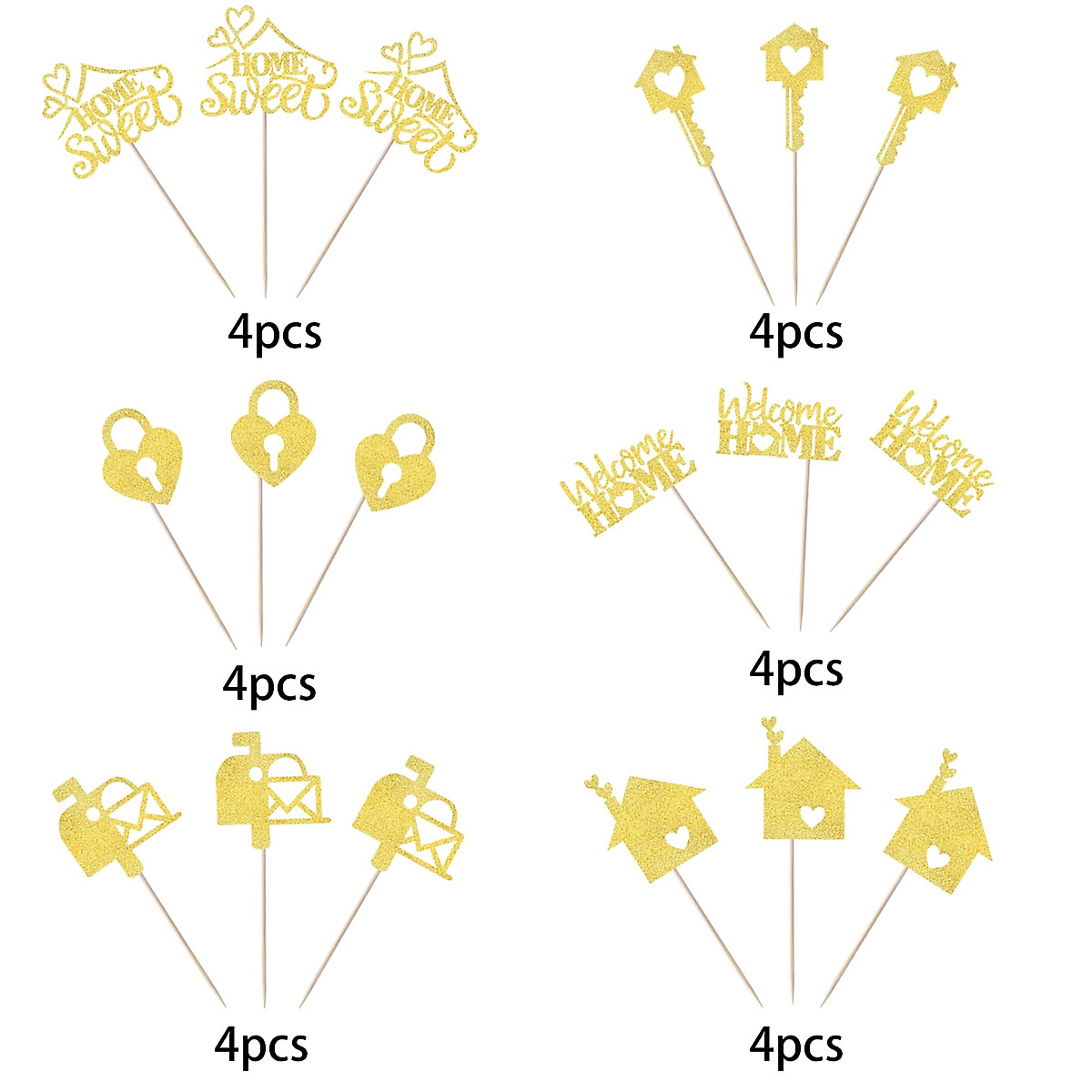 24 Pack Sweet Home Cupcake Toppers Glitter Key Lock Housewarming Cupcake Picks New Home Theme Party Welcome New House Party Cake Decorations Supplies Gold