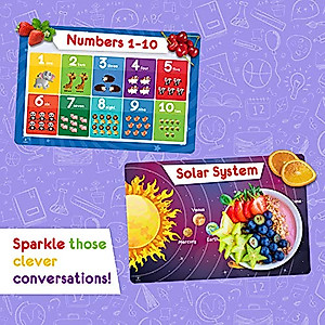 Simply Magic 5 Placemats for Kids - Kids Placemats Non Slip, Washable Reusable Toddler Placemats, Educational Placemats: Alphabet ABC, Shapes, Colors, Numbers, Solar System, Plastic Placemats for Kids