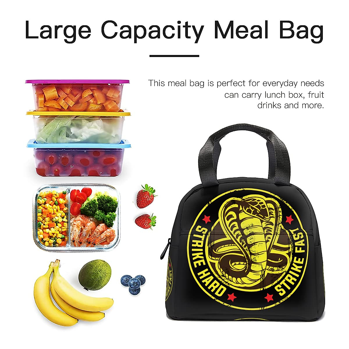 Cobra Strike Hard Fast No Mercy Karate Insulated Lunch Box Portable Thermal Cooler Tote Bag with Front Pocket Reusable Leakproof Lunch Bags for Women Men Girls Adults Work Hiking Picnic Travel