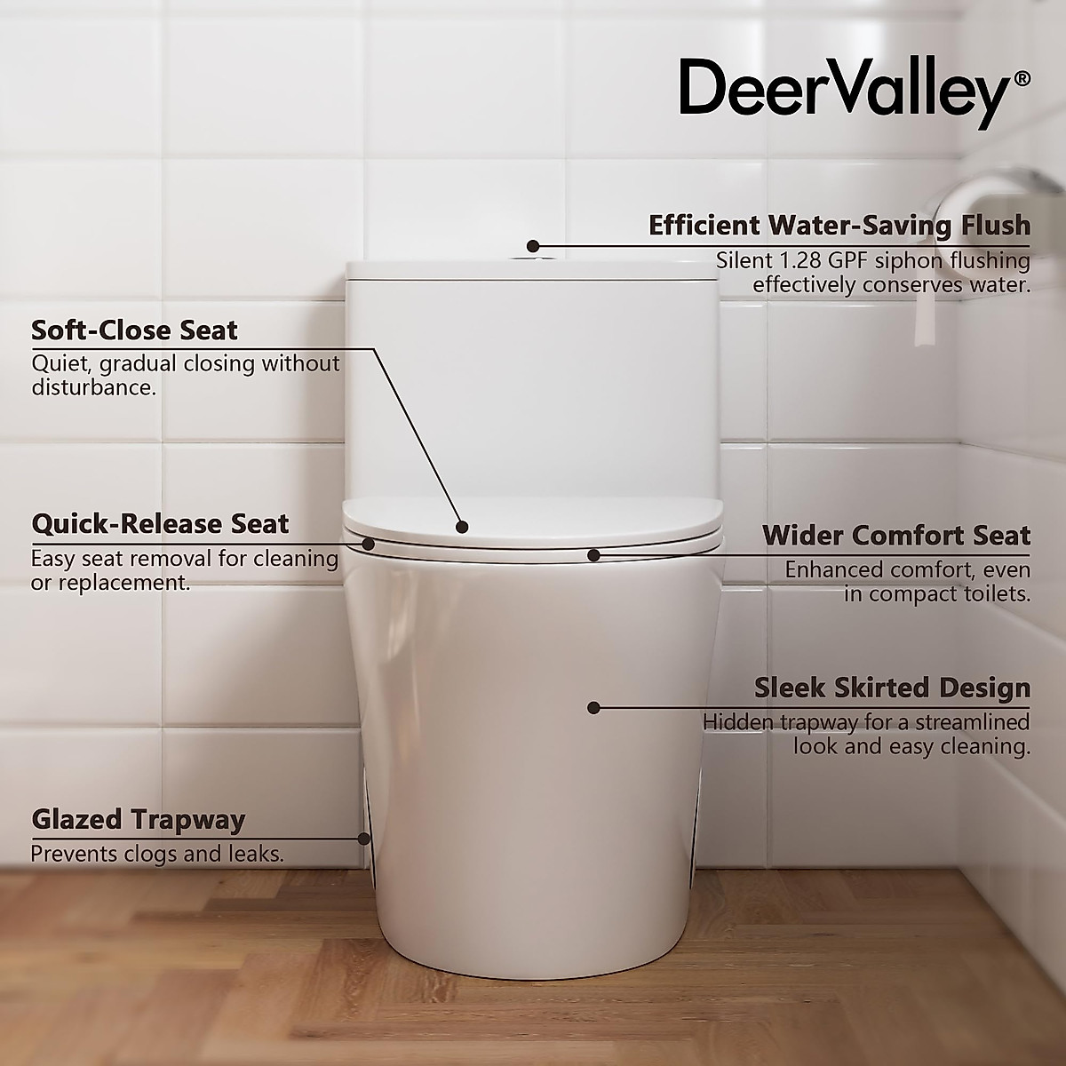 DeerValley DV-1F52807 Symmetry One Piece Toilet Elongated, Small Toilet Compact Modern One Piece Toilet with Soft Close Toilet Seat Ceramic Glossy White Toilets Single Flush for Small Bathroom Space