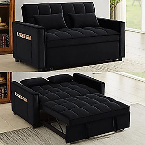 HABITRIO Loveseat with Pull-Out Sleeper Bed, Solid Wood Frame Black Velvet Upholstered 55" 2-Seater Sofa Couch w/3-Position Reclining Backrest, 2 Side Pockets, 2 Pillows, Furniture for Living Room