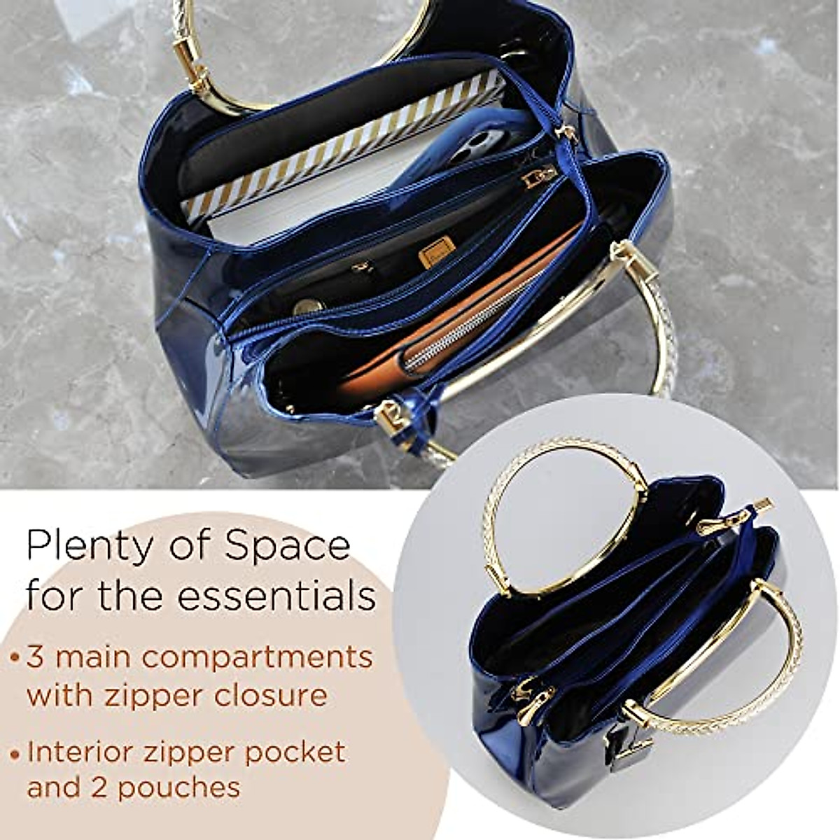 HOXIS Charm Glossy Metal Grip Structured Shoulder Handbag Top Handle Patent Leather Handbags for Women (Navy)