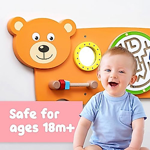 SPARK & WOW Bear Activity Wall Panel - Ages 18m+ - Montessori Sensory Wall Toy - 4 Activities - Busy Board - Toddler Room Décor
