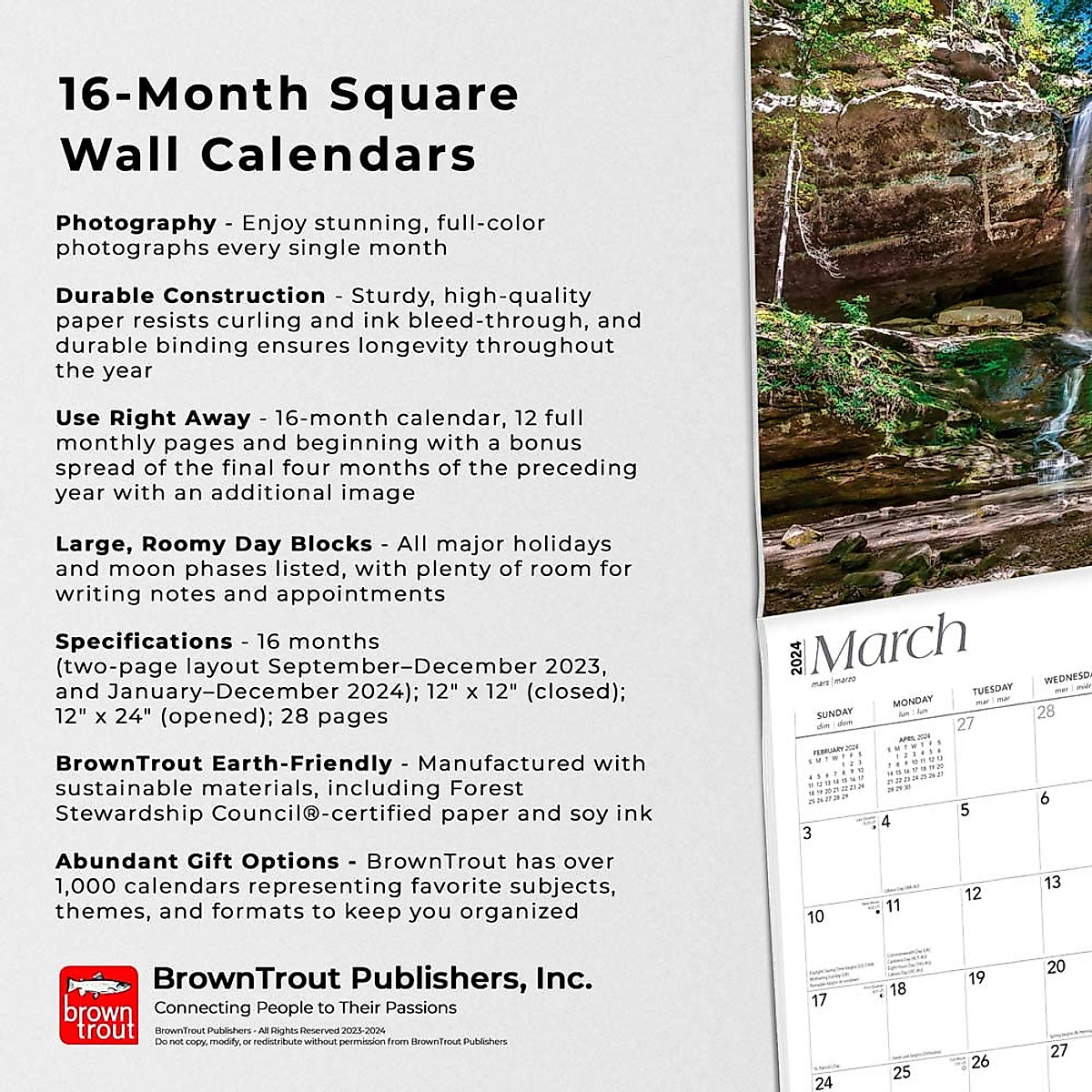 Illinois Wild & Scenic | 2024 12 x 24 Inch Monthly Square Wall Calendar | BrownTrout | USA United States of America Midwest State Nature