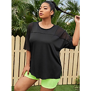 MakeMeChic Women's Plus Size Athletic Shirts Casual Letter Graphic Short Sleeve Round Neck Split Workout Sports Tee Tops Black B 4XL