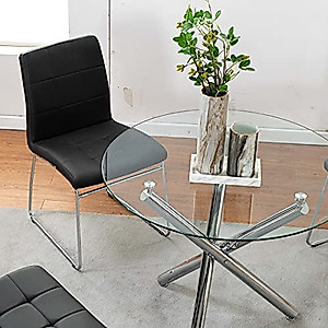 Modern Dining Table Set for 2 Round Glass Table and Faux Leather Chairs Set 3 Piece Dining Set for Kitchen,Dining Room,Afternoon Tea (Table + 2 Black Chairs)