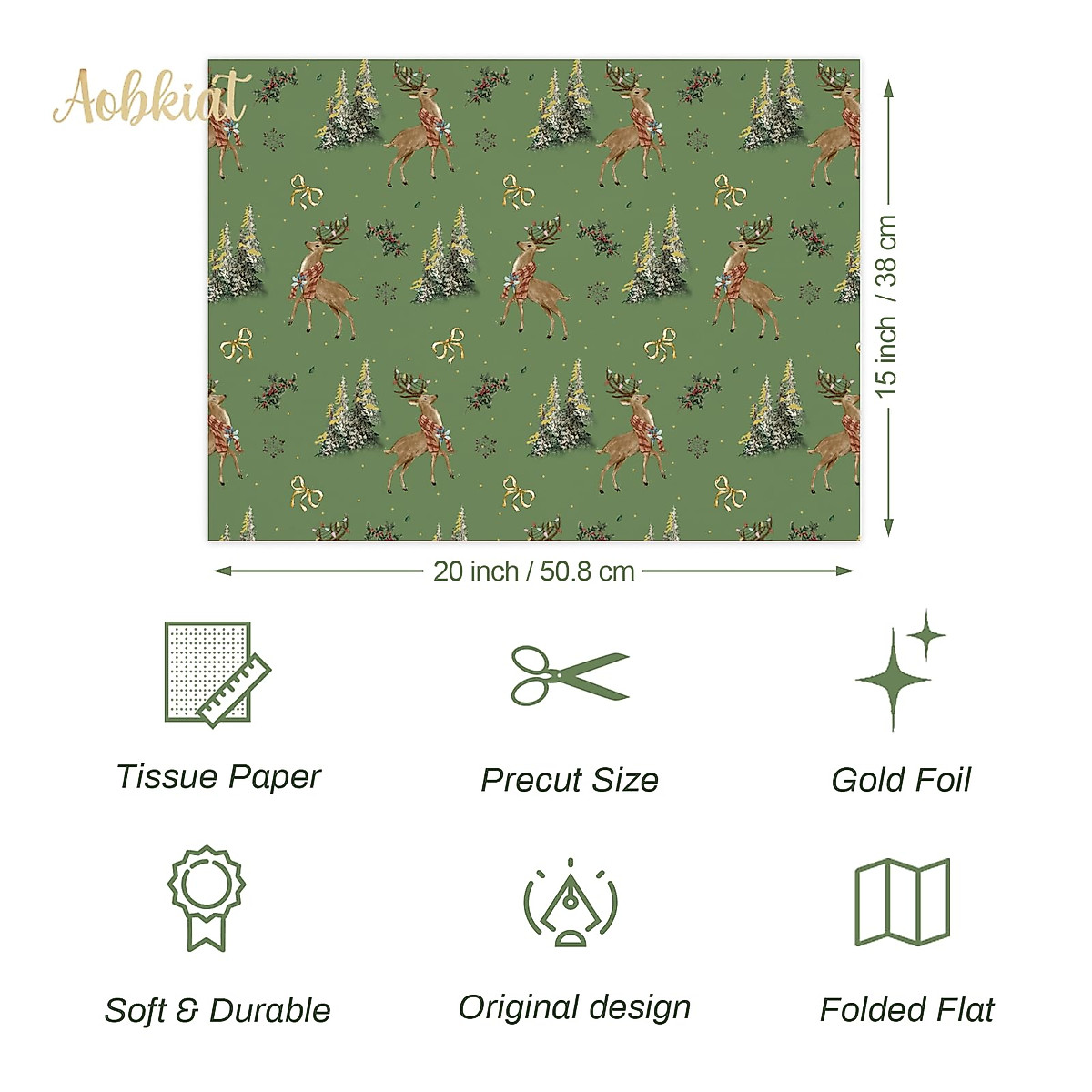 Aobkiat Wrapping Tissue Paper for Christmas Gift Bag,24 Sheets Green Tree with Animal Wrap Paper for Family Friends Gift Wrap,DIY Craft,Present Packaging,20x15inch/Sheet