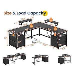 UPOSOJA 67in L Shaped Computer Desk with Power Outlets, 90.5in Long Home Office Desks with 2 Monitor Stands, 2PC Small Corner Table, Storage Cabinet Rack Drawers(Black)