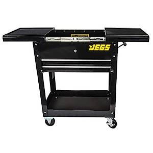 JEGS Heavy-Duty Tool Box Cart | 220 LBS Capacity | Uses Four 4” Caster Wheels | Includes 2 Keyes and 6 Drawer Liners | Black with JEGS Logo | 2 Locking Drawers | Sliding Top