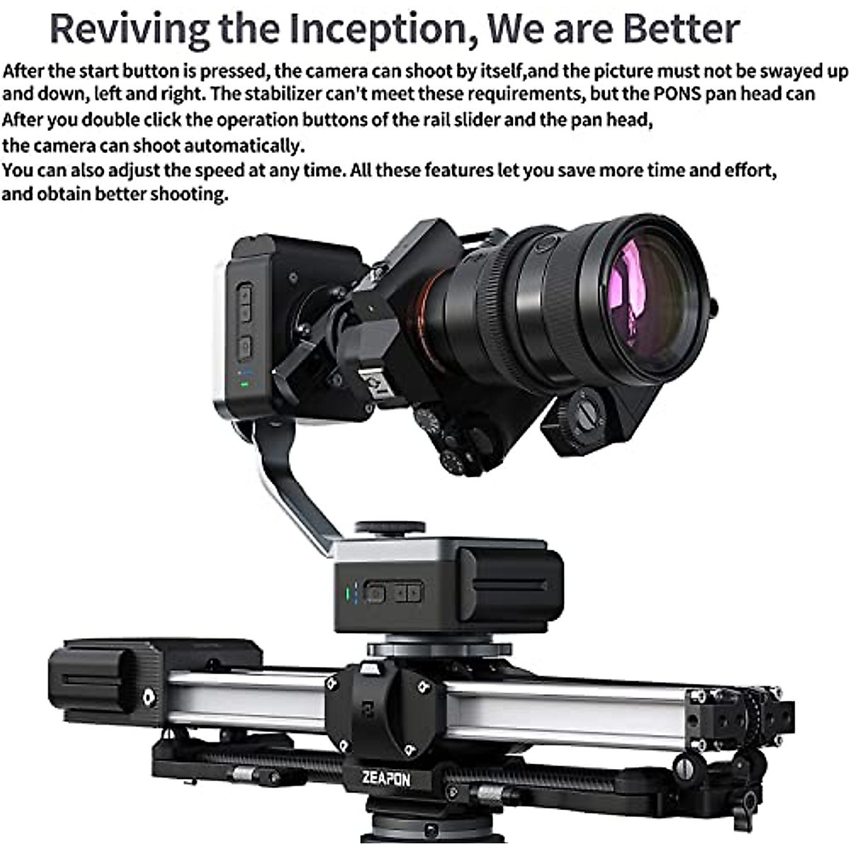 Zeapon PONS PT+ Battery + Charger Motorized Pan Head 2-Axis Gimbal Stabilizer for Cameras Slider 360 Degree Panoramic Shooting 50 kg Horizontal Load with Hidden 1/4 & 3/8 Screw Cap