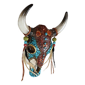 Ebros Gift Southwestern Tribal Indian Dreamcatcher Feathers Turquoise Beads and Faux Tooled Floral Leather Steer Cow Skull Wall Head Decor Hanging Plaque Bison Buffalo Wild Animal Resin Figurine
