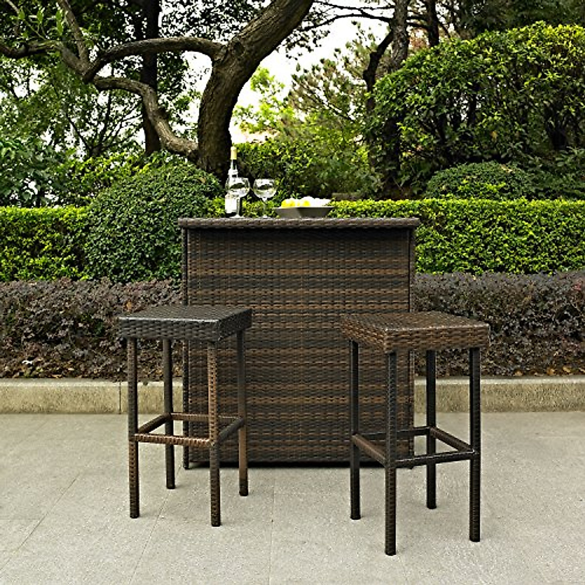 Crosley Furniture Palm Harbor 3-Piece Wicker Outdoor Bar Set with Two Stools for Backyard, Patio, Deck, Balcony, Brown