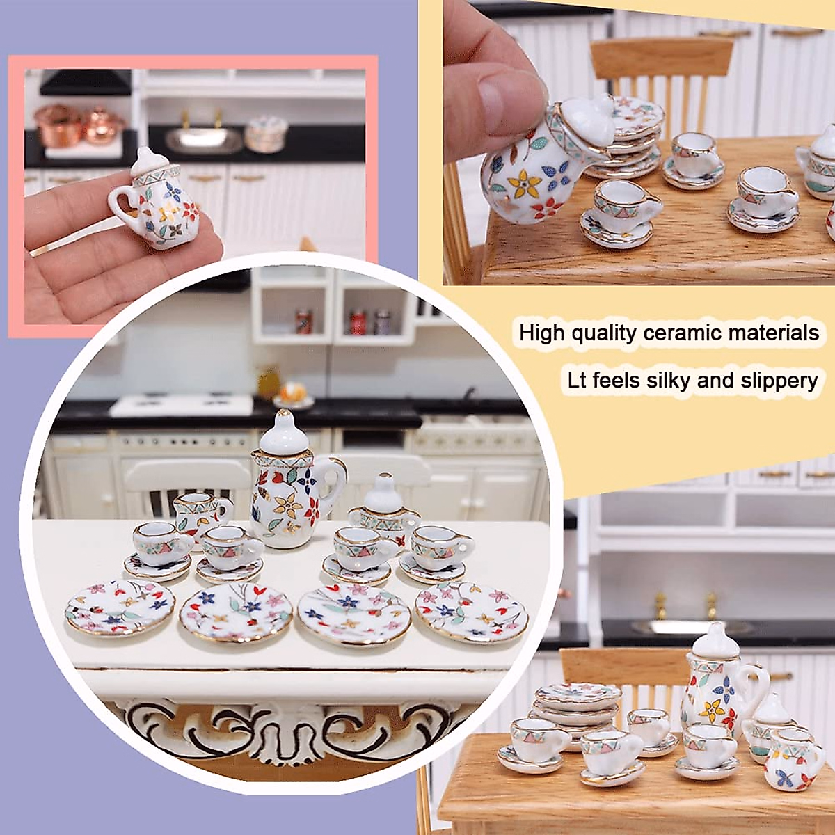 15 Pack Miniature Ceramic Doll Tea Set Dollhouse Tea Cup Set Decoration Accessories for Scale 1:12 Dollhouse Craft (Flowers)