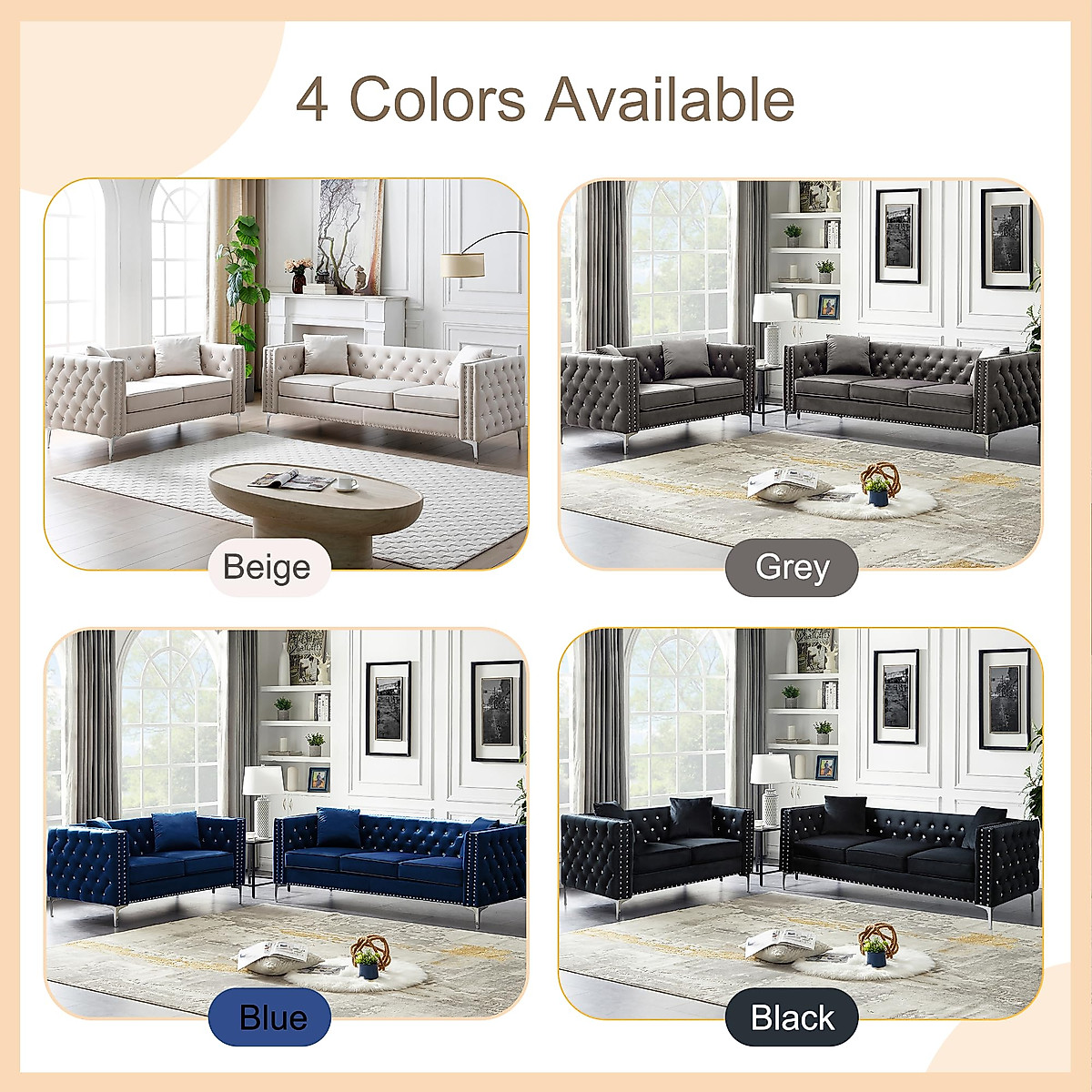 2-Piece Black Velvet Upholstered Living Room Furniture Set, Including 3-Seater Sofa and Loveseat with Jeweled Buttons, Square Arm, Four Pillows Included for Living Room, Office