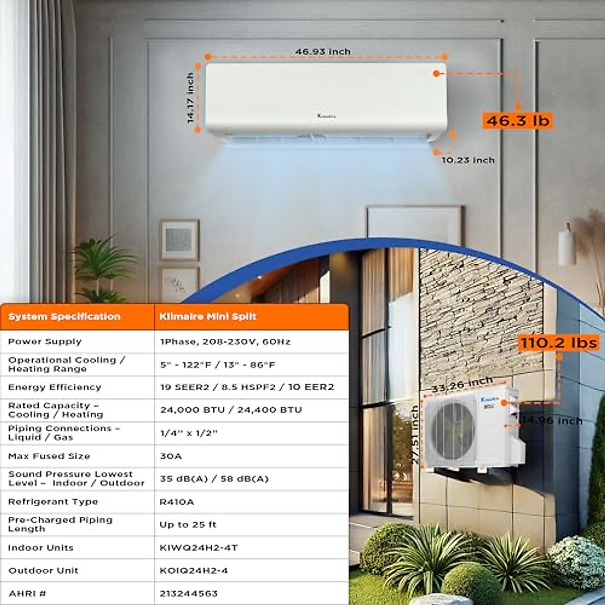 Klimaire DIY 24,000 BTU 19 SEER2 Mini Split Heat Pump Air Conditioner w/ 25-ft Pre-Charged Quick-Connect Installation Kit - 230V