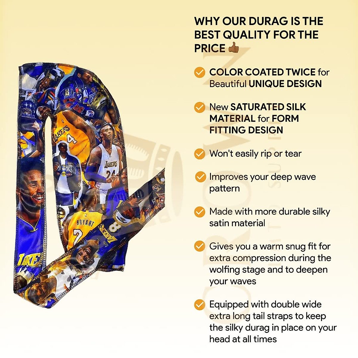 Afro Design Durag Silky 360 wave Du Rag with long tails and quadruple stitching. Pan African American Pride Style (Mamba 24 Collage)