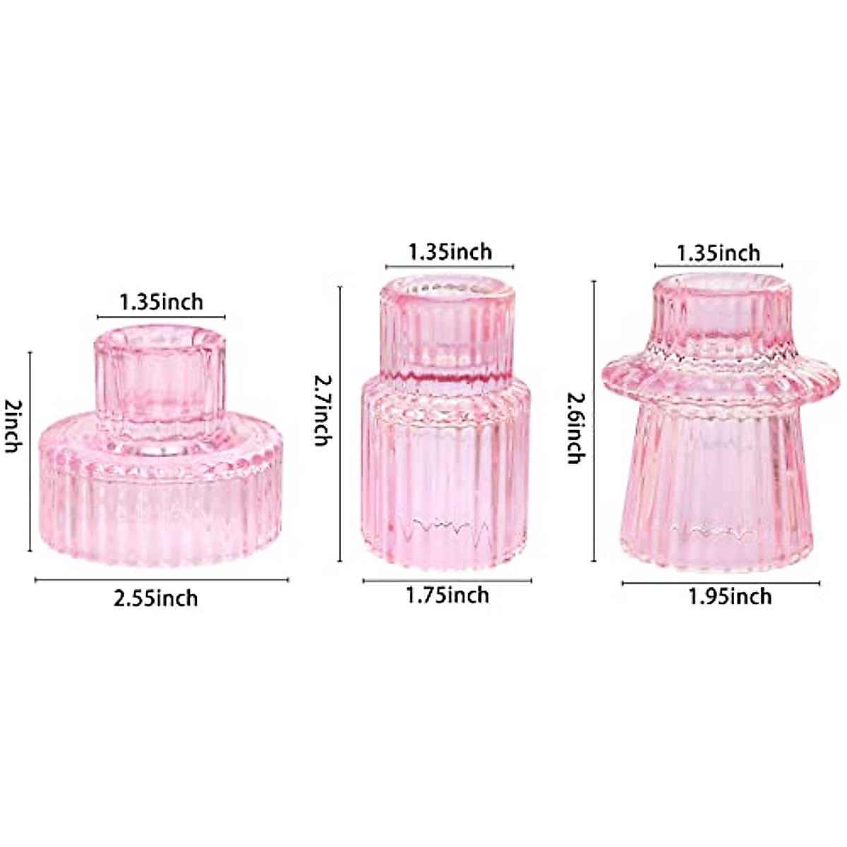 Vixdonos Pink Candlestick Holders Set of 3 Glass Candle Holders for Taper Candles,Pillar Candles and Tealight Candles