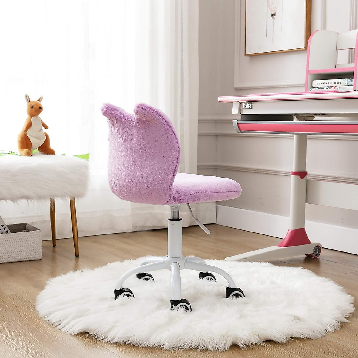 Modern Cute Cat Kids Desk Chair, Comfortable Fuzzy Small Desk Chair for Girls and Boys, Ergonomic Adjustable Swivel Computer Chair, Hello Kitty Vanity Chair Study Rolling Stools with Wheels, Purple