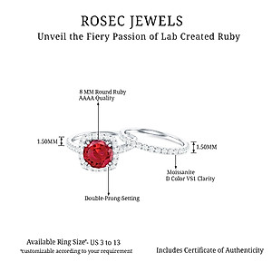 Certified Lab Grown Ruby Moissanite Wedding Ring Set, Aaaa Grade, 8 mm Round Ruby Halo Engagement Ring with Band - With Jewelry Box, 14K White Gold, Size:US 5.50