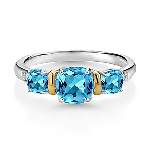 Gem Stone King 925 Sterling Silver and 10K Yellow Gold Cushion Swiss Blue Topaz and Diamond 3-Stone Women Ring (1.90 Cttw, Gemstone Birthstone, Available In Size 5, 6, 7, 8, 9)
