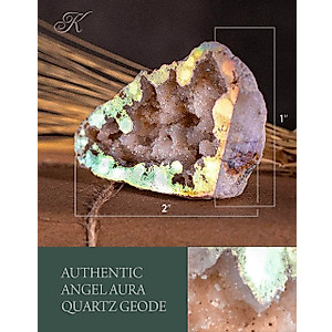 KALIFANO Angel Aura Quartz Geode - Titanium Bonded High Energy Crystal Cuarzo Cluster/Druzy with Information Card - Natural Reiki Rock Used for Clarity and Purpose (Family Owned and Operated)