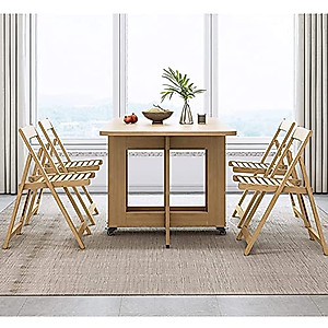 Juan Folding Dining Table Set, Wooden Extendable Dining Table with 4 Chairs, Drop Leaf Table for Kitchen Dining Room Living Room Restaurant-1.4m