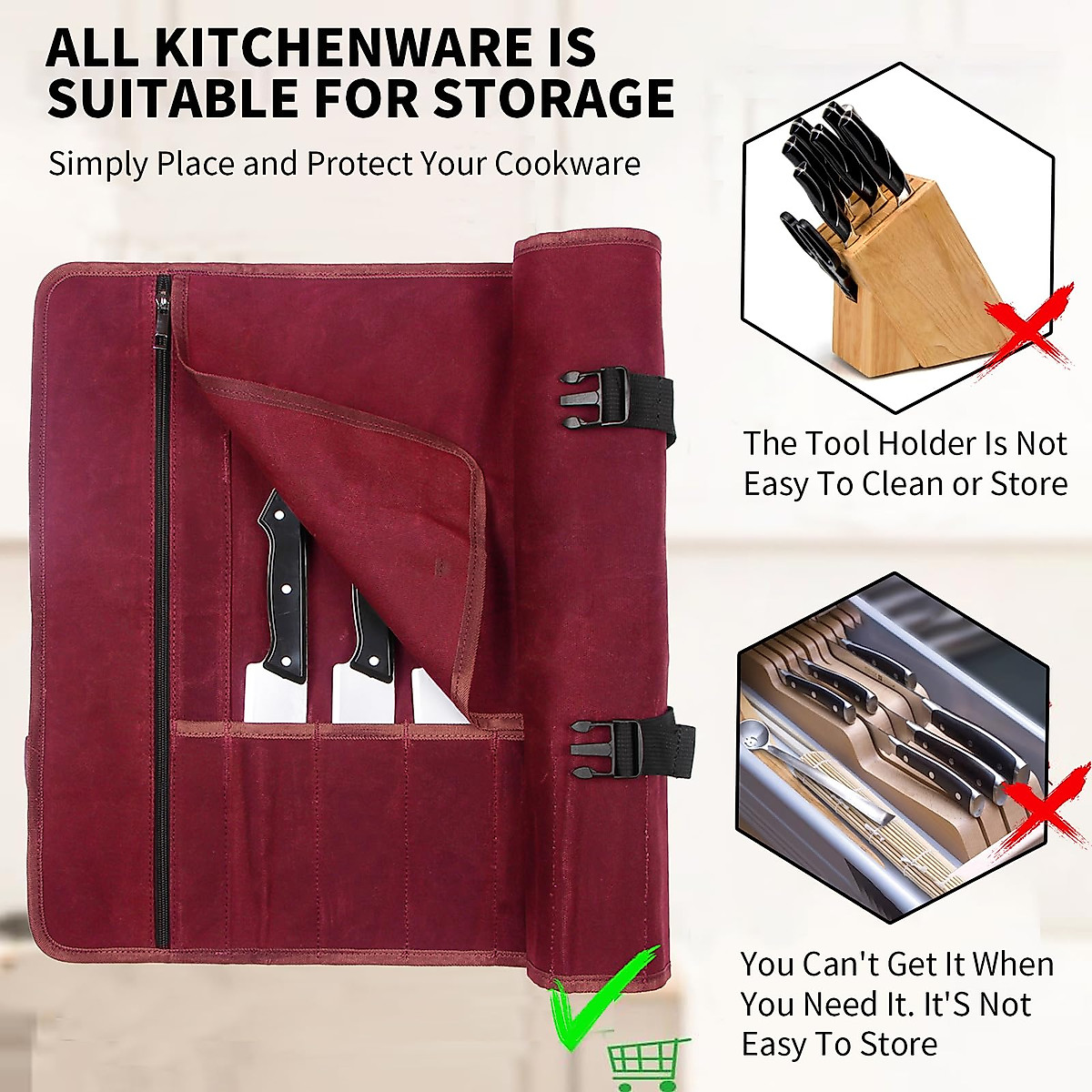 Chef Knife Roll Bag,Waxed Canvas Knife roll bag,Portable 10 Slots Chef Knife case with 1 Zipper Pockets,Heavy Duty Knives Roll Bags for Chef Case for Camping and Hold Home Kitchen Knife Tools Up (Red)