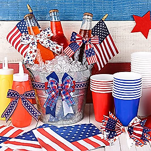 Whaline 8 Roll Independence Day Wired Edge Ribbon Patriotic Star Stripe USA Flag Burlap Ribbon 26 Yard Red Blue White Fabric Ribbon for 4th of July DIY Gift Wrapping Wreath Crafts Decor, 2.5 Inch