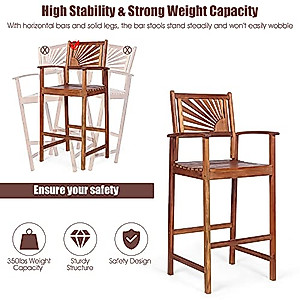 COSTWAY Bar Stools Set of 2, Outdoor Acacia Wood Bar Chairs with Sunflower Backrest, Curved Armrests & Breathable Seat, Ideal for Balcony, Sunroom, Patio, Easy Assembly (1)