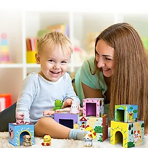 ShyLizard Toddler Farm Animal Sorting and Stacking Toys, Nesting Boxes and Blocks With Finger Puppets - Gifts for 1-3 Year Olds