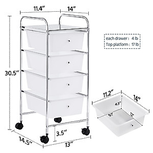 Yaheetech 4 Drawers Cart Rolling Plastic Storage Cart and Organizer Metal Frame Plastic Drawers Plastic Trolley Organizer on Wheels, White