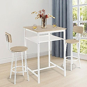 YOFE Bar Table Set for 2, Pub Table High Top Table,3 Pieces Pub Dining Table Set,Square Bar Table with Stools for Kitchen, Apartment, Small Space (White, Square)