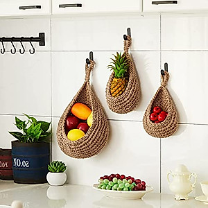 Teardrop Hanging Baskets , Onion Basket Coat Bohemian Storage Fruit Wall Hooks for Kitchen Wall Home Restaurant Garlic Vegetable Wall Planters, 3 Sizes (Linen)