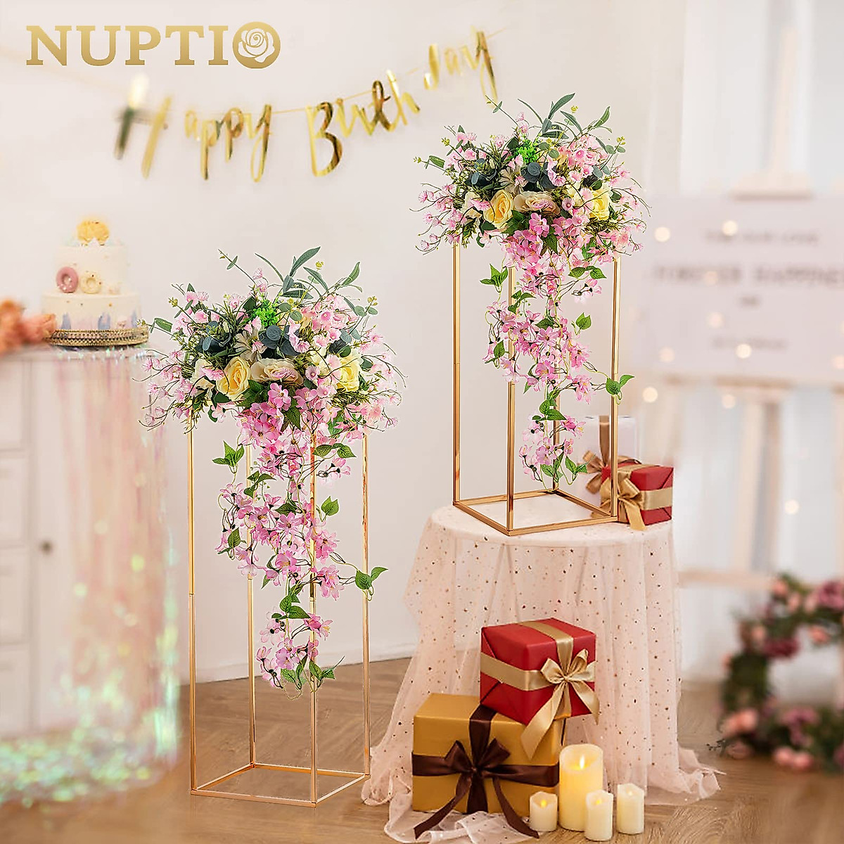 Nuptio 2 Pcs Metal Flower Floor Vase Column Flower Stand Geometric Centerpieces Vase for Tables, 80cm/31.5in Tall Gold Flower Holder for Home Party Wedding Decorations, Rectangular Flower Display Rack