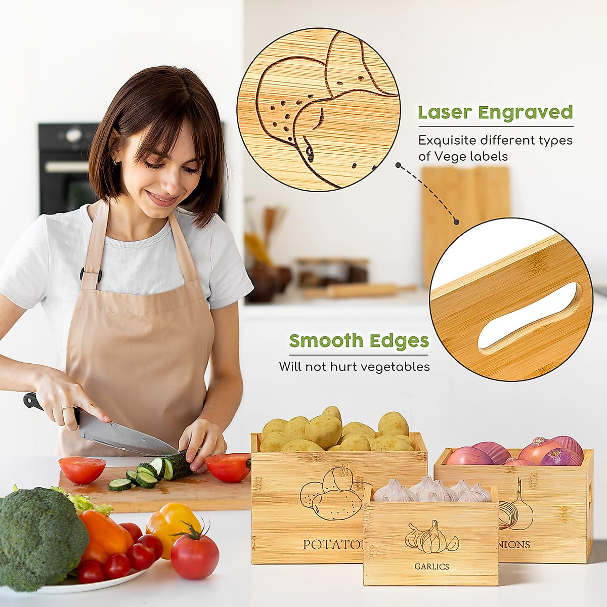 DALSHABET Potato and Onion Storage Bins, Premium Pantry Organizers and Storage, Bamboo Vegetable Garlic Keeper Solutions for an Organized Kitchen Beige