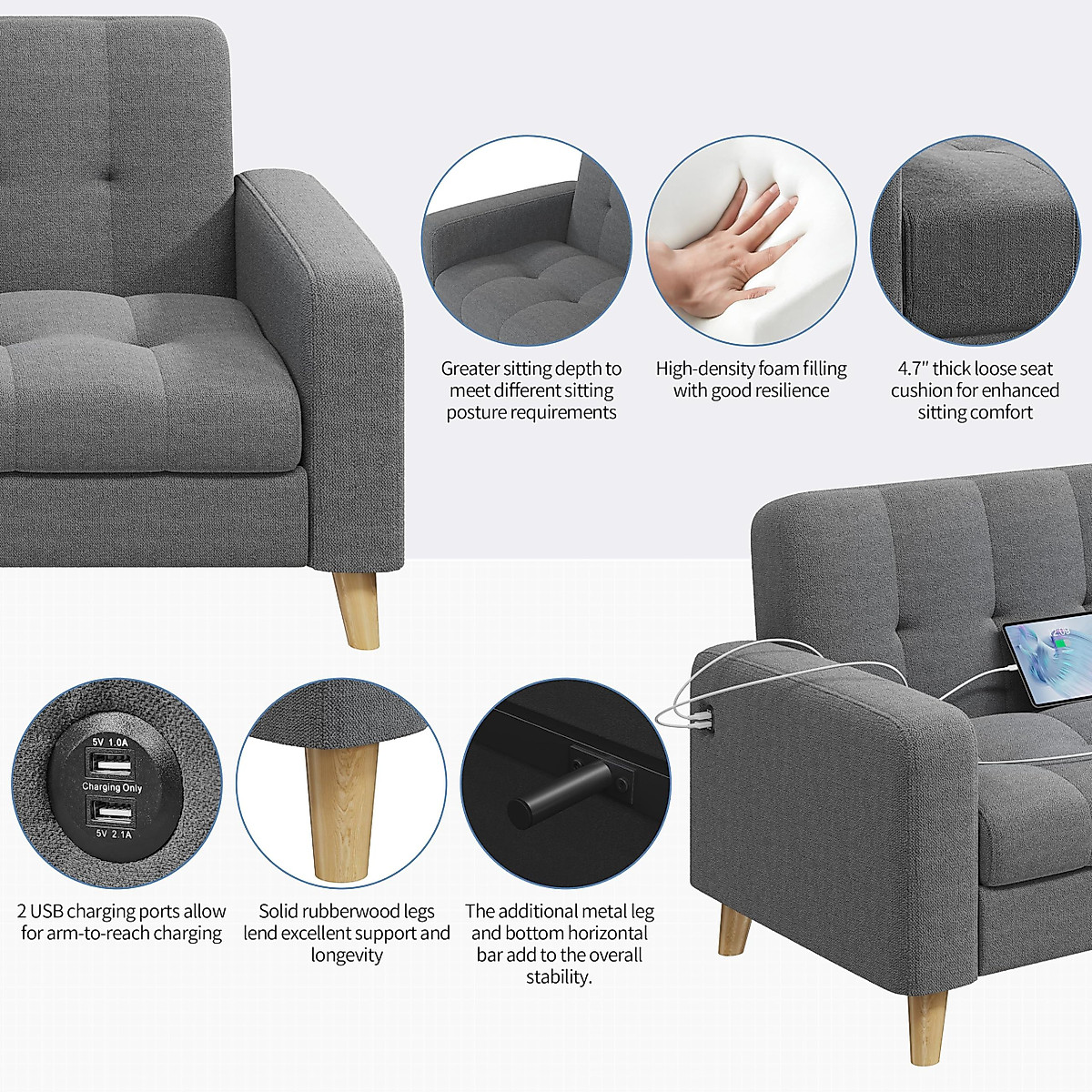 Yaheetech 2-Seater Fabric Sofa Loveseat with USB Ports Mid-Century Modern 65? W Couch Sofa with Solid Wood Legs for Living Room Apartment Bedroom Office Dark Gray