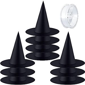 LANLV Halloween Costume Witch Hat Set - 10 Pieces Black Witches Hats with 100 Yards Hanging Rope for Party Yard Decoration