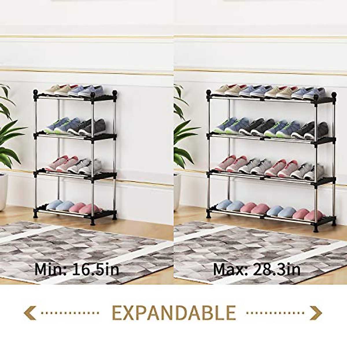 DUSASA Shoe Rack Organizer for Closet Entryway, 4-Tier Expandable Free Standing Shoe Rack Metal Iron of Adjustable Shoes Organizer, Stackable Shoe Shelf for Entryway Doorway
