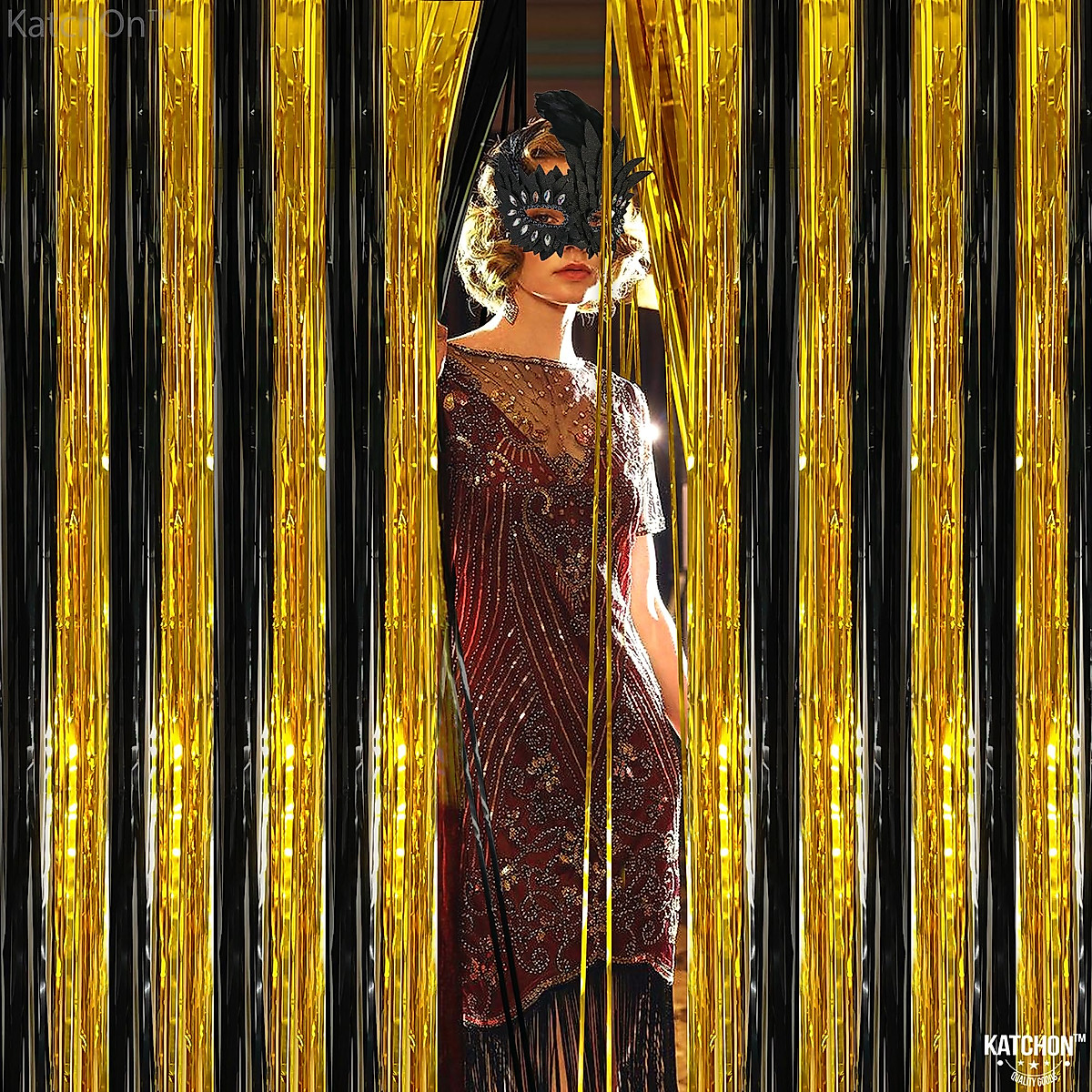 KatchOn, XtraLarge Black and Gold Streamers - 3.2x8 Feet, Pack of 2 | Happy New Year Backdrop for Happy New Year Decorations 2025 | Black and Gold Fringe Curtain for Black and Gold Party Decorations