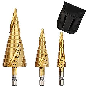 3Pcs HSS Step Drill Bit Set, 1/4" Hex Shank Spiral Groove High Speed Steel Titanium Coated Cone Hole Cutter Bit for Drilling Plate Aluminum Metal Wood Hole (4-12mm/4-20mm/4-32mm)