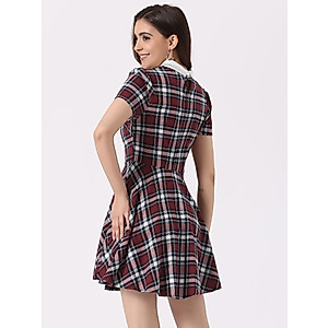 Allegra K Women Plaids Contrast Peter Pan Collar Puff Sleeves Above Knee Dress Medium Red White
