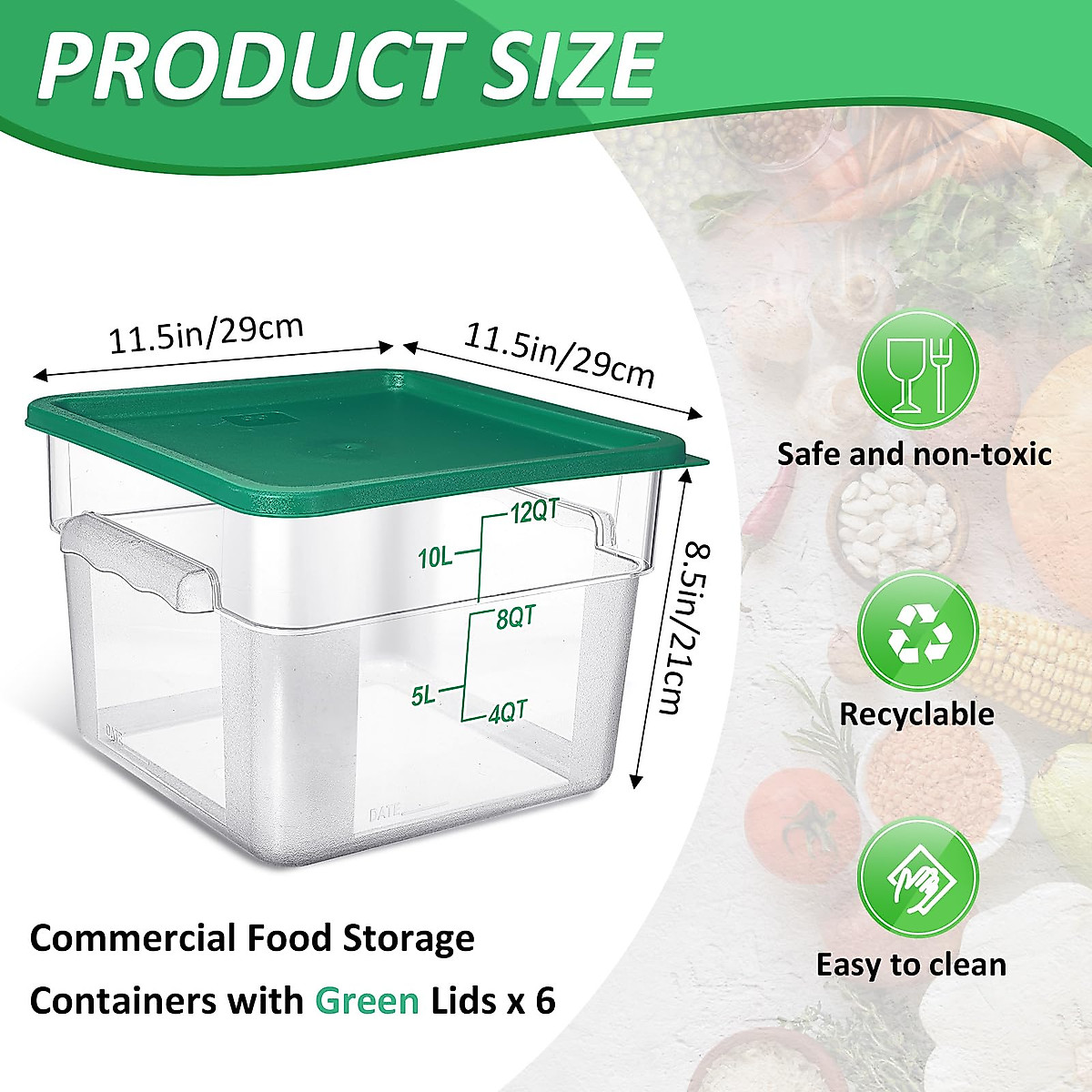 Yungyan 6 Pack 12qt Commercial Food Storage Containers with Lids Square Acrylic Airtight Food Container Clear Cereal Storage Container with Graduation and Handle for Pantry Kitchen Restaurant Freezer