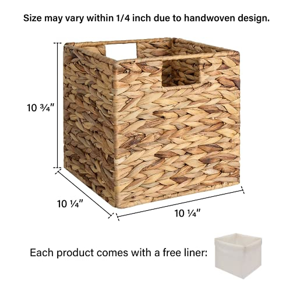StorageWorks Wicker Storage Cubes with Liners, Water Hyacinth Storage Baskets for Shelving, Handwoven Square Baskets with Built-in Handles, Medium, 4 Pack