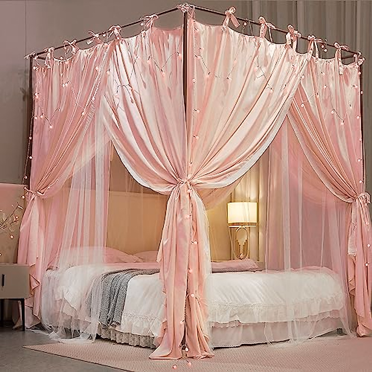 AIOOO 4 Corners Post Princess Curtain Bed Canopy Double Layer Cozy Mosquito Net Mesh and Cloth for Girls Adults Bedroom Decoration (Double-Beigepink/White, 53" W*78" L*82"*H/(Full))