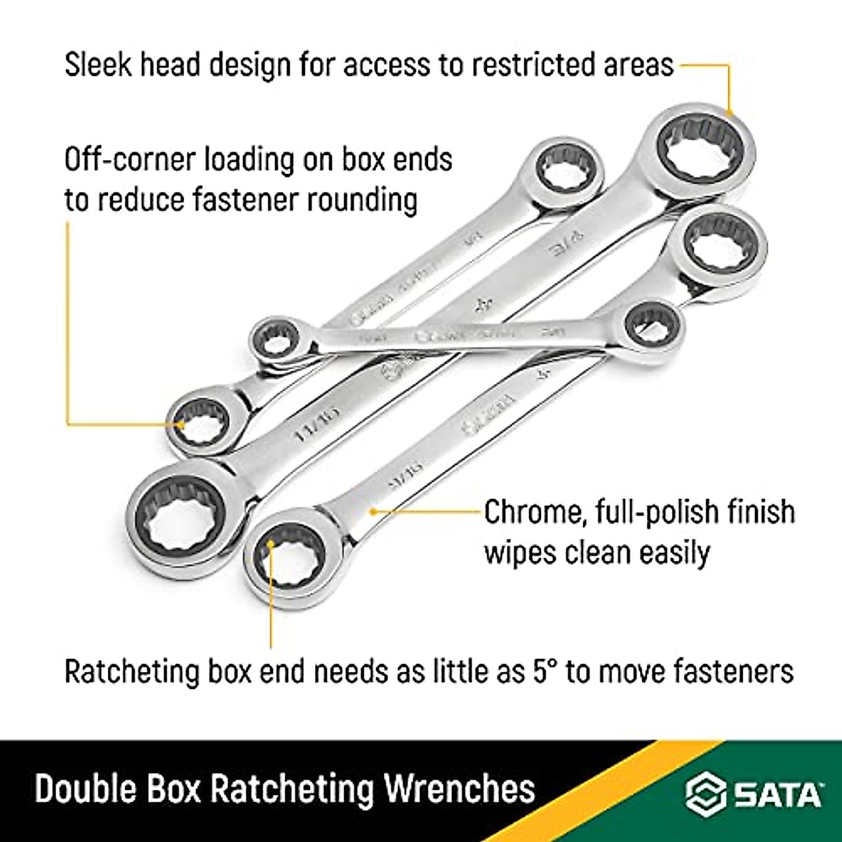 SATA 4-Piece Full-Polish SAE Ratcheting Wrench Set, Double Box Design with 72-Tooth Gear and Off-Corner Loading - ST46134U
