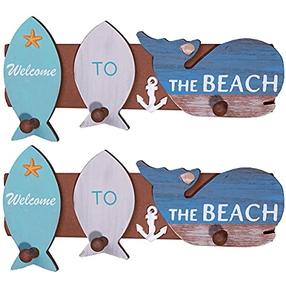 2-Pack Nautical Theme Hook Wall Mounted Wooden Coat Rack Key Hooks, Wooden Fish Welcome Key Holder for Wall with 3 Hooks Organizer, Welcome Door Wall Hook with Beach Nautical Decoration