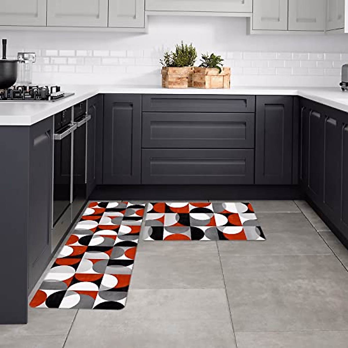 Middle Ages Kitchen Mats and Rugs, Anti-Slip Kitchen Floor Mats, Water Absorbent Comfort Memory Foam Standing Mats for Office, Sink, Laundry, Kitchen Grey Red Black Abstract Geometric Texture